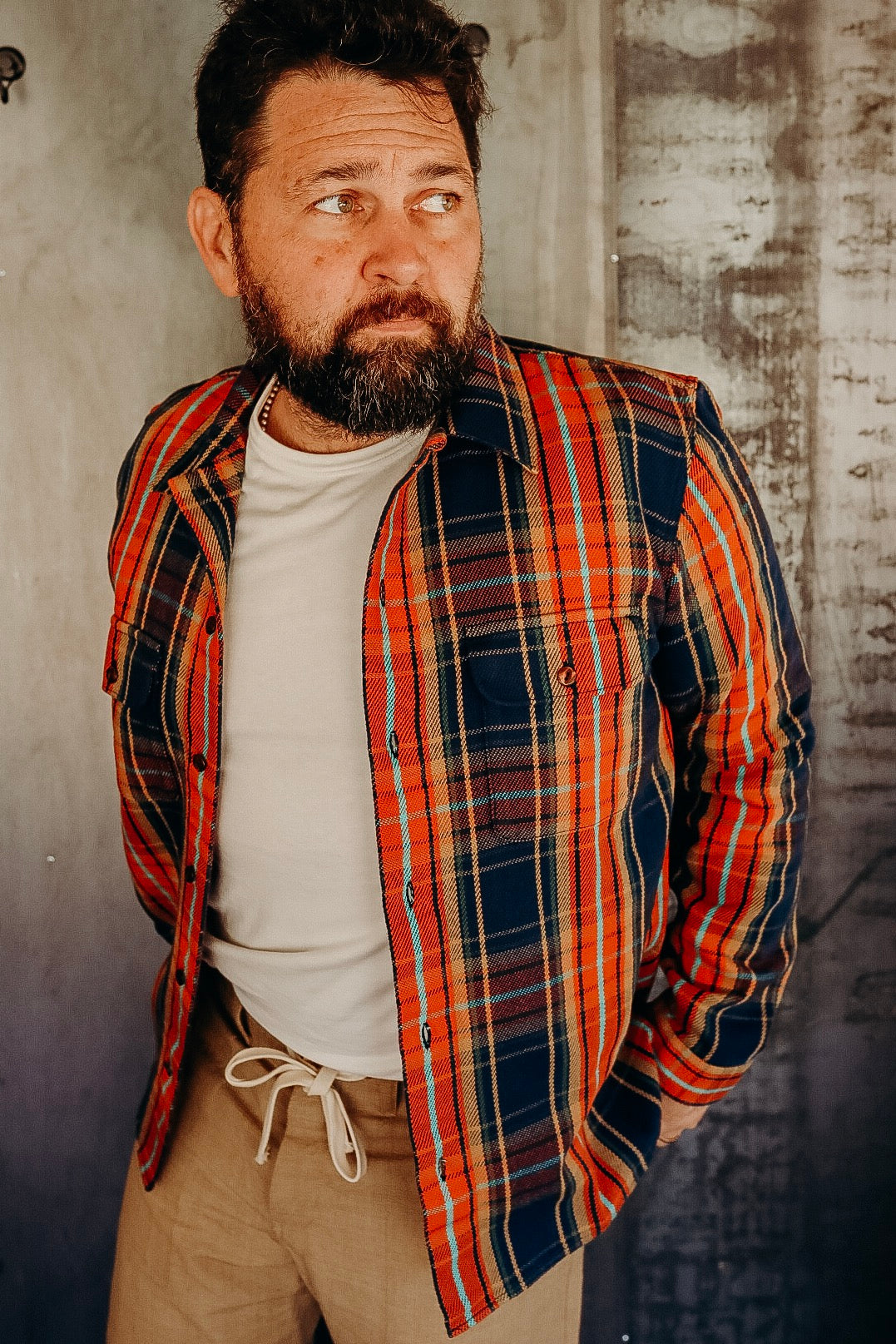 Indigofera Webster Shirt- Heavy Cotton Check, Navy / Orange / Turquois ...